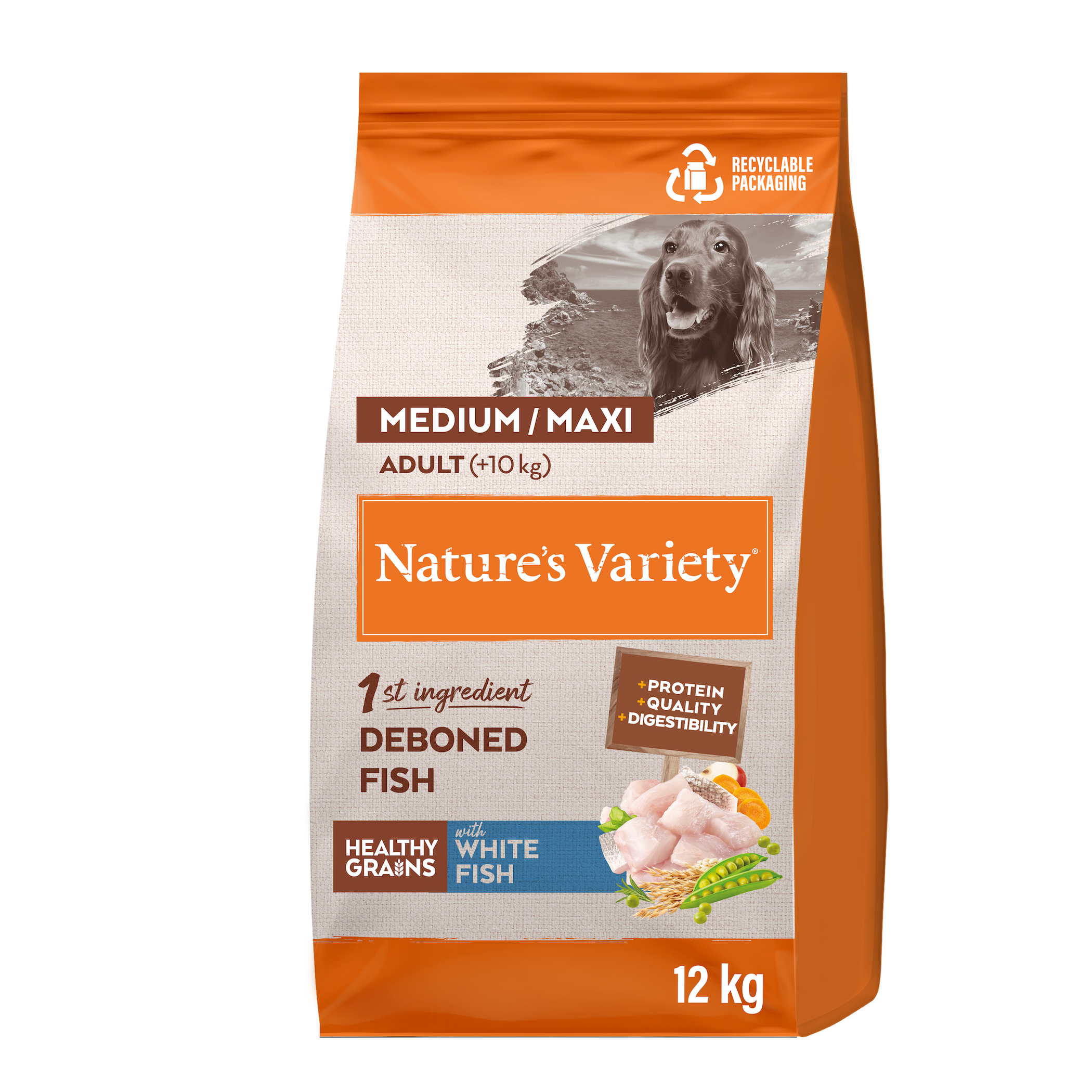 Nature's Variety HEALTHY GRAIN MED/MAXI ADULT (balta žuvis) 12KG — Fitoveta